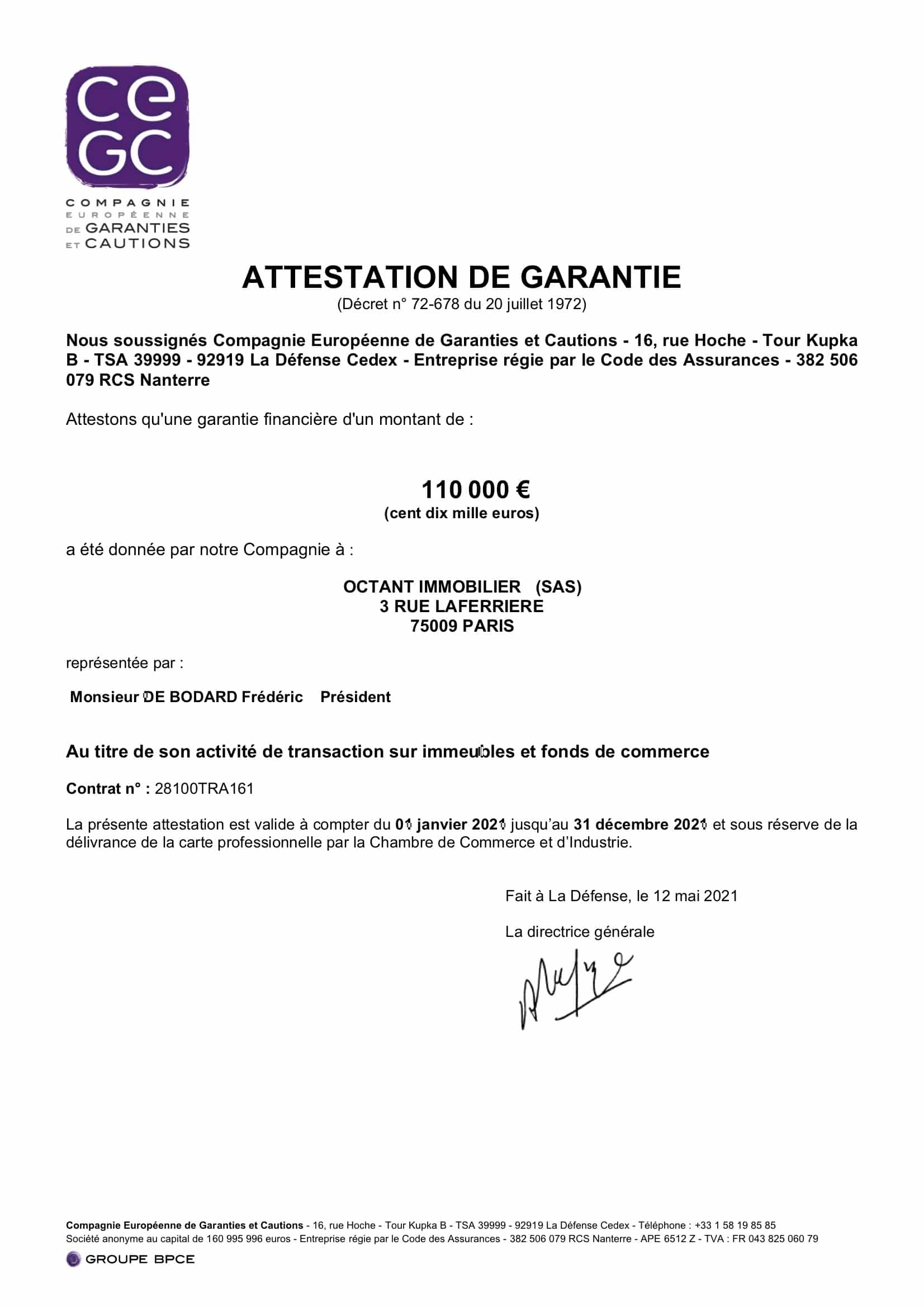 Attestations et Garanties - Octant Gestion